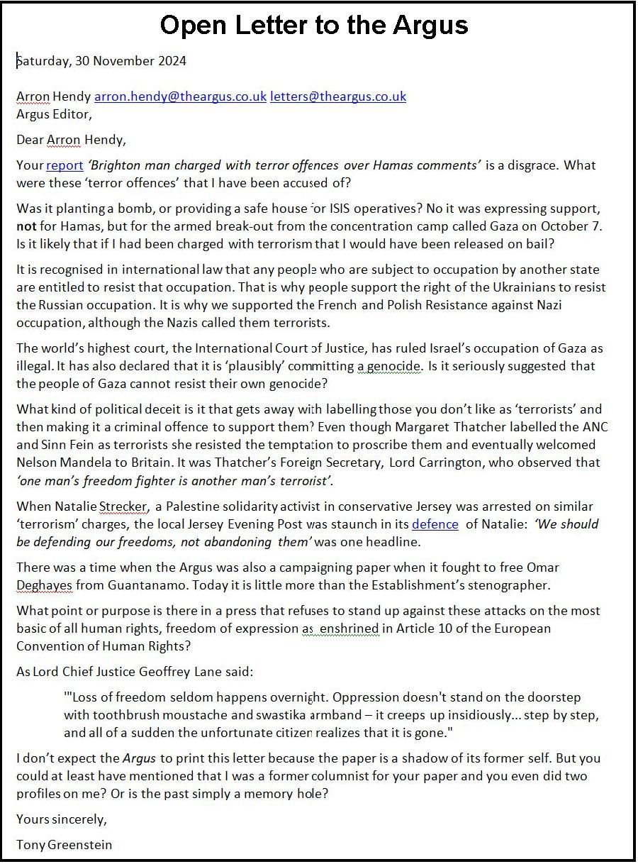 Open Letter to Brighton Argus Editor Arron Hendy - Tony Greenstein